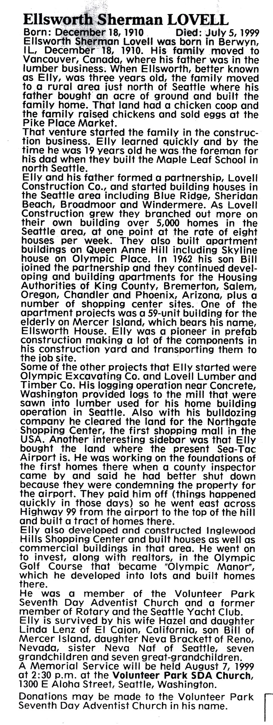 Lovell death notice 1999 | Wedgwood in Seattle History
