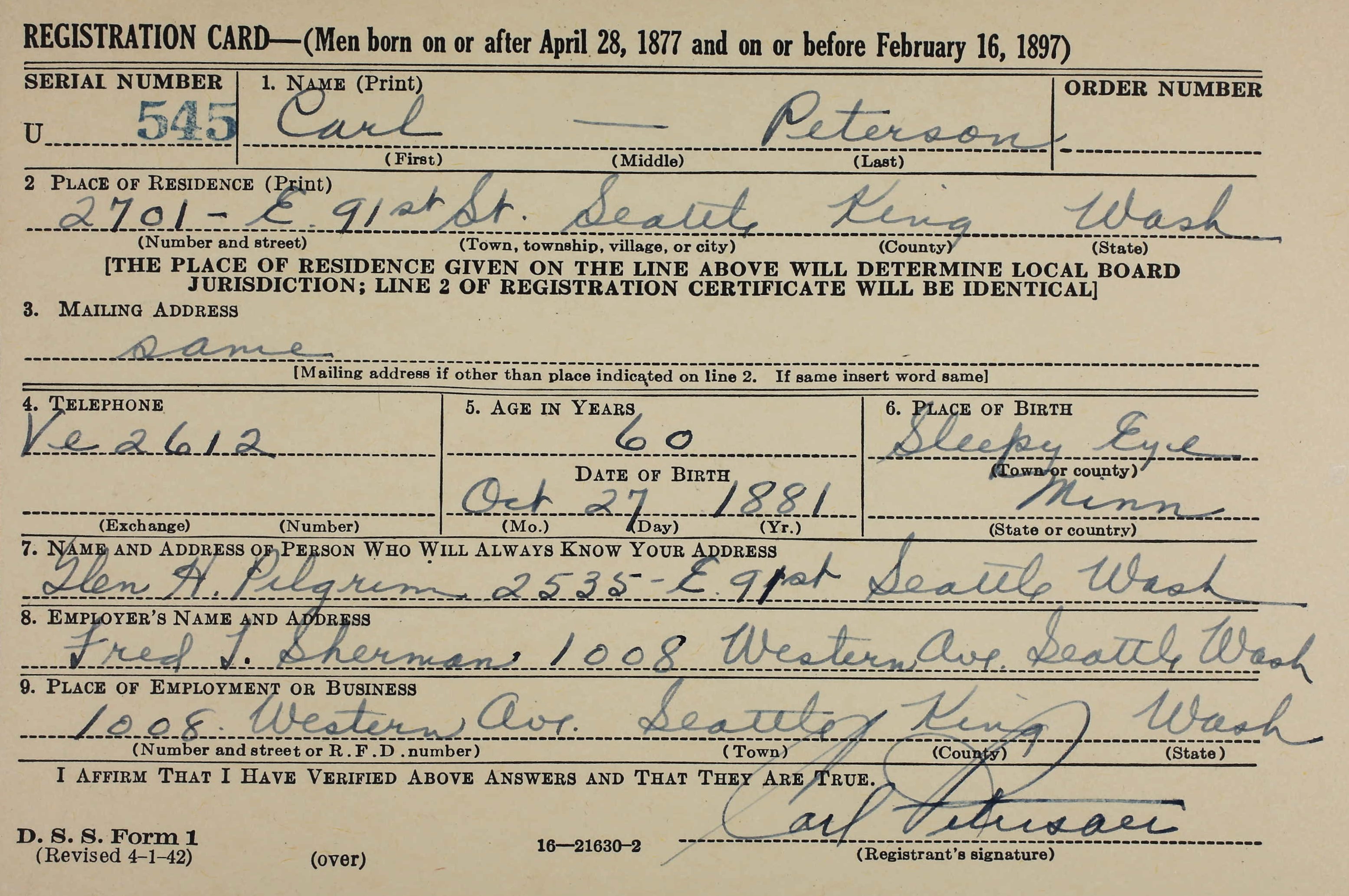 Peterson WW2 draft card.1942 | Wedgwood in Seattle History